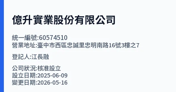 億升實業股份有限公司的照片-統編 60574510(臺中市) 公司登記資料與營業項目詳細圖表