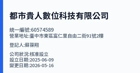 都市貴人數位科技有限公司的照片-統編 60574589(臺中市) 公司登記資料與營業項目詳細圖表