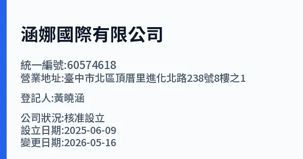 涵娜國際有限公司的照片-統編 60574618(臺中市) 公司登記資料與營業項目詳細圖表