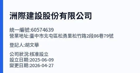 洲際建設股份有限公司的照片-統編 60574639(臺中市) 公司登記資料與營業項目詳細圖表