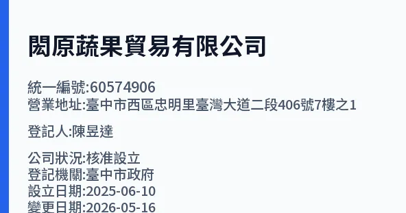 閎原蔬果貿易有限公司的照片-統編 60574906(臺中市) 公司登記資料與營業項目詳細圖表