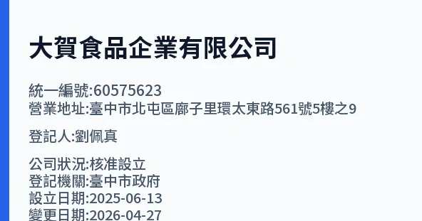 大賀食品企業有限公司的照片-統編 60575623(臺中市) 公司登記資料與營業項目詳細圖表