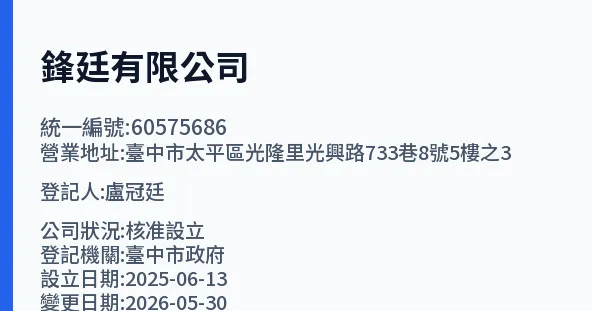 鋒廷有限公司的照片-統編 60575686(臺中市) 公司登記資料與營業項目詳細圖表