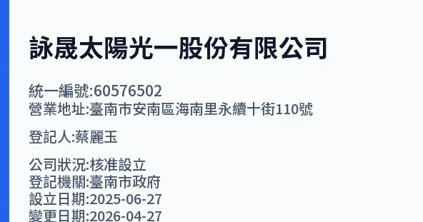 詠晟太陽光一股份有限公司的照片-統編 60576502(臺南市) 公司登記資料與營業項目詳細圖表