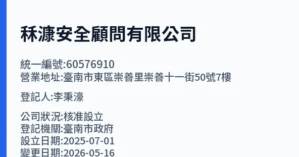 秝漮安全顧問有限公司的照片-統編 60576910(臺南市) 公司登記資料與營業項目詳細圖表