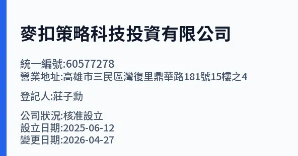 麥扣策略科技投資有限公司的照片-統編 60577278(高雄市) 公司登記資料與營業項目詳細圖表