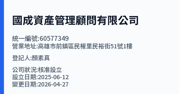 國成資產管理顧問有限公司的照片-統編 60577349(高雄市) 公司登記資料與營業項目詳細圖表