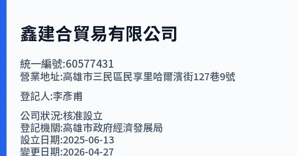 鑫建合貿易有限公司的照片-統編 60577431(高雄市) 公司登記資料與營業項目詳細圖表