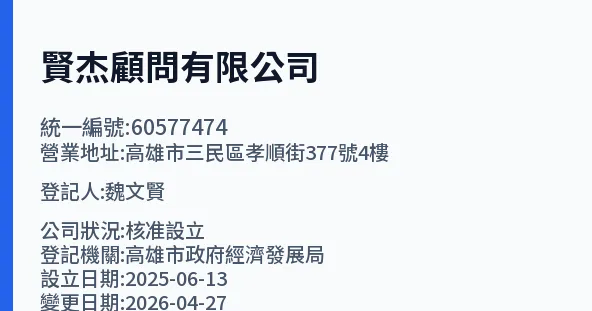 賢杰顧問有限公司的照片-統編 60577474(高雄市) 公司登記資料與營業項目詳細圖表