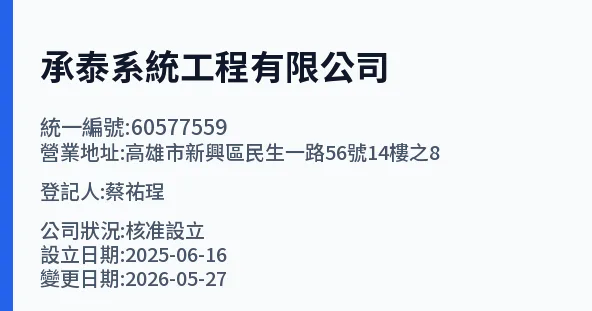 承泰系統工程有限公司的照片-統編 60577559(高雄市) 公司登記資料與營業項目詳細圖表