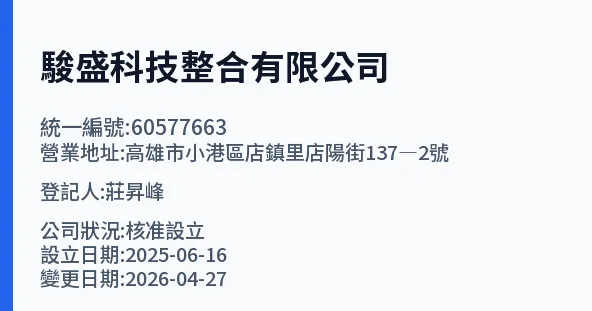 駿盛科技整合有限公司的照片-統編 60577663(高雄市) 公司登記資料與營業項目詳細圖表