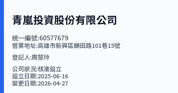 青嵐投資股份有限公司的照片-統編 60577679(高雄市) 公司登記資料與營業項目詳細圖表