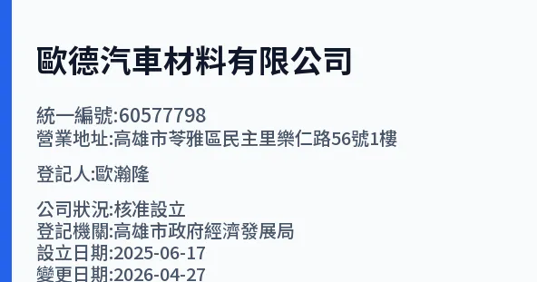 歐德汽車材料有限公司的照片-統編 60577798(高雄市) 公司登記資料與營業項目詳細圖表
