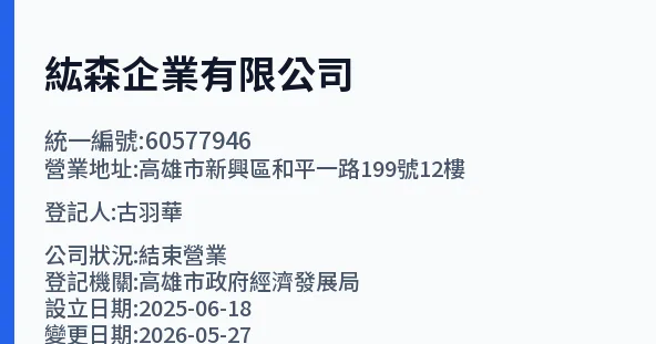 紘森企業有限公司的照片-統編 60577946(高雄市) 公司登記資料與營業項目詳細圖表