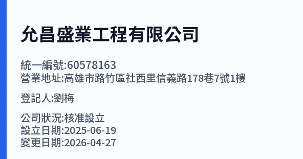 允昌盛業工程有限公司的照片-統編 60578163(高雄市) 公司登記資料與營業項目詳細圖表
