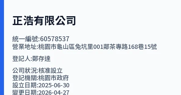 正浩有限公司的照片-統編 60578537(桃園市) 公司登記資料與營業項目詳細圖表