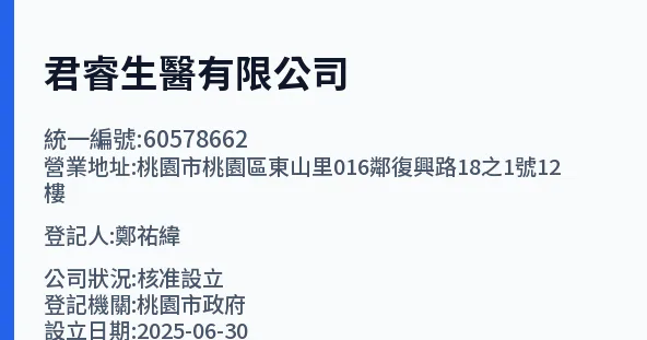 君睿生醫有限公司的照片-統編 60578662(桃園市) 公司登記資料與營業項目詳細圖表