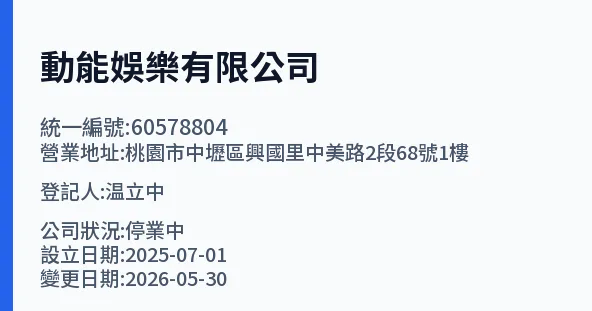 動能娛樂有限公司的照片-統編 60578804(桃園市) 公司登記資料與營業項目詳細圖表