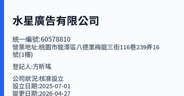 水星廣告有限公司的照片-統編 60578810(桃園市) 公司登記資料與營業項目詳細圖表