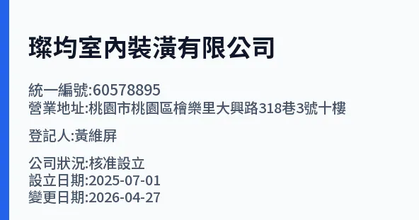 璨均室內裝潢有限公司的照片-統編 60578895(桃園市) 公司登記資料與營業項目詳細圖表