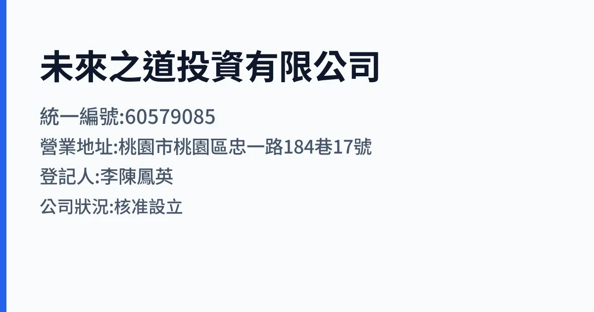 未來之道投資有限公司 - 統編 60579085(桃園市) 公司登記資料與營業項目詳細圖表