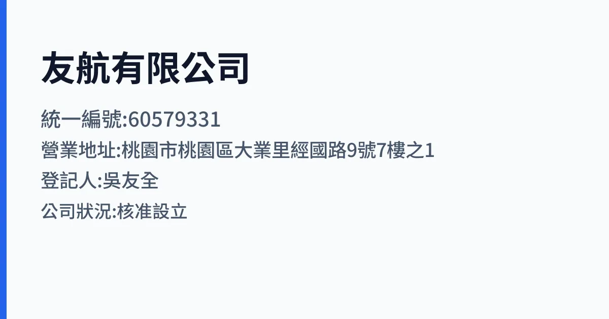 友航有限公司 - 統編 60579331(桃園市) 公司登記資料與營業項目詳細圖表