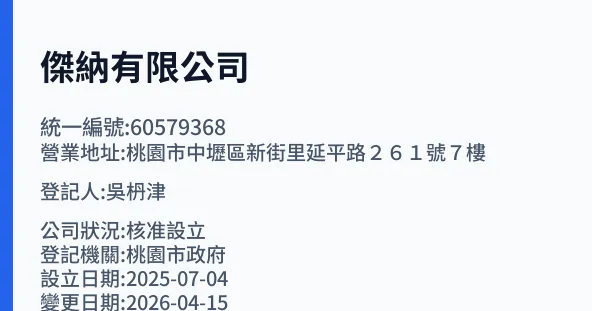 傑納有限公司的照片-統編 60579368(桃園市) 公司登記資料與營業項目詳細圖表
