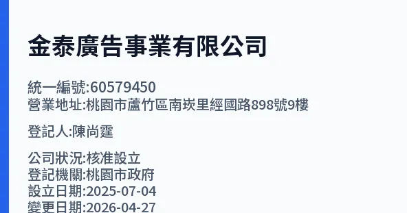 金泰廣告事業有限公司的照片-統編 60579450(桃園市) 公司登記資料與營業項目詳細圖表