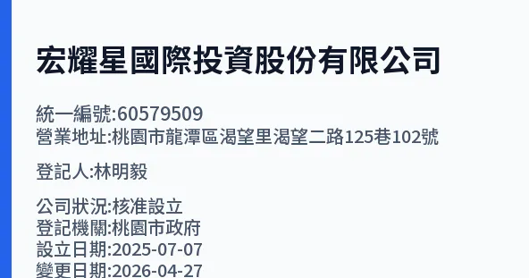 宏耀星國際投資股份有限公司的照片-統編 60579509(桃園市) 公司登記資料與營業項目詳細圖表