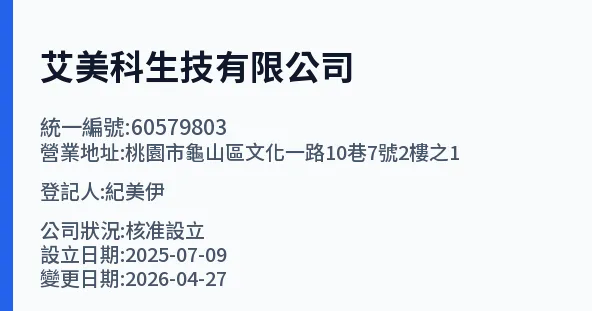 艾美科生技有限公司的照片-統編 60579803(桃園市) 公司登記資料與營業項目詳細圖表