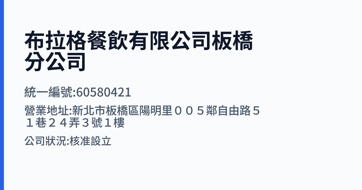 布拉格餐飲有限公司板橋分公司 - 統編 60580421(新北市) 公司登記資料與營業項目詳細圖表