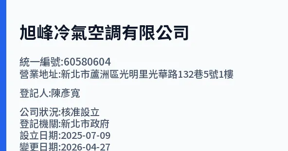 旭峰冷氣空調有限公司的照片-統編 60580604(新北市) 公司登記資料與營業項目詳細圖表