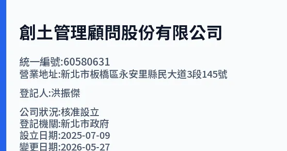 創土管理顧問股份有限公司的照片-統編 60580631(新北市) 公司登記資料與營業項目詳細圖表