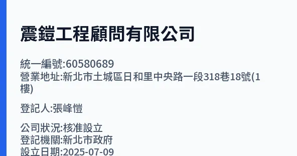 震鎧工程顧問有限公司的照片-統編 60580689(新北市) 公司登記資料與營業項目詳細圖表