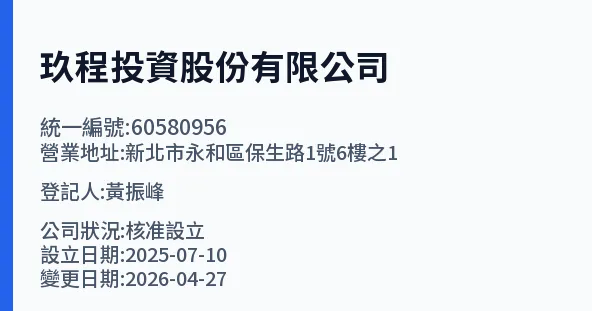 玖程投資股份有限公司的照片-統編 60580956(新北市) 公司登記資料與營業項目詳細圖表