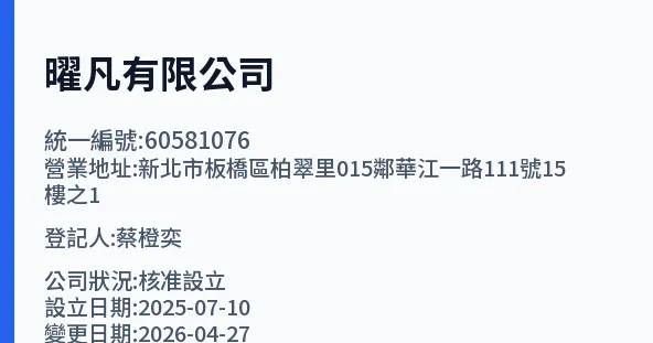 曜凡有限公司的照片-統編 60581076(新北市) 公司登記資料與營業項目詳細圖表