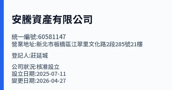 安騰資產有限公司的照片-統編 60581147(新北市) 公司登記資料與營業項目詳細圖表