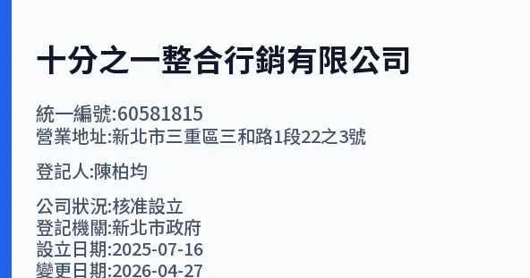 十分之一整合行銷有限公司的照片-統編 60581815(新北市) 公司登記資料與營業項目詳細圖表