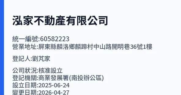 泓家不動產有限公司的照片-統編 60582223(屏東縣) 公司登記資料與營業項目詳細圖表