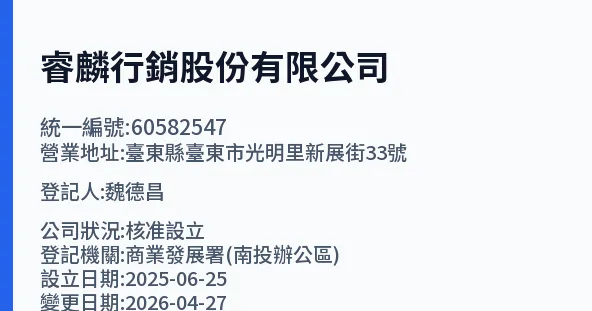 睿麟行銷股份有限公司的照片-統編 60582547(臺東縣) 公司登記資料與營業項目詳細圖表