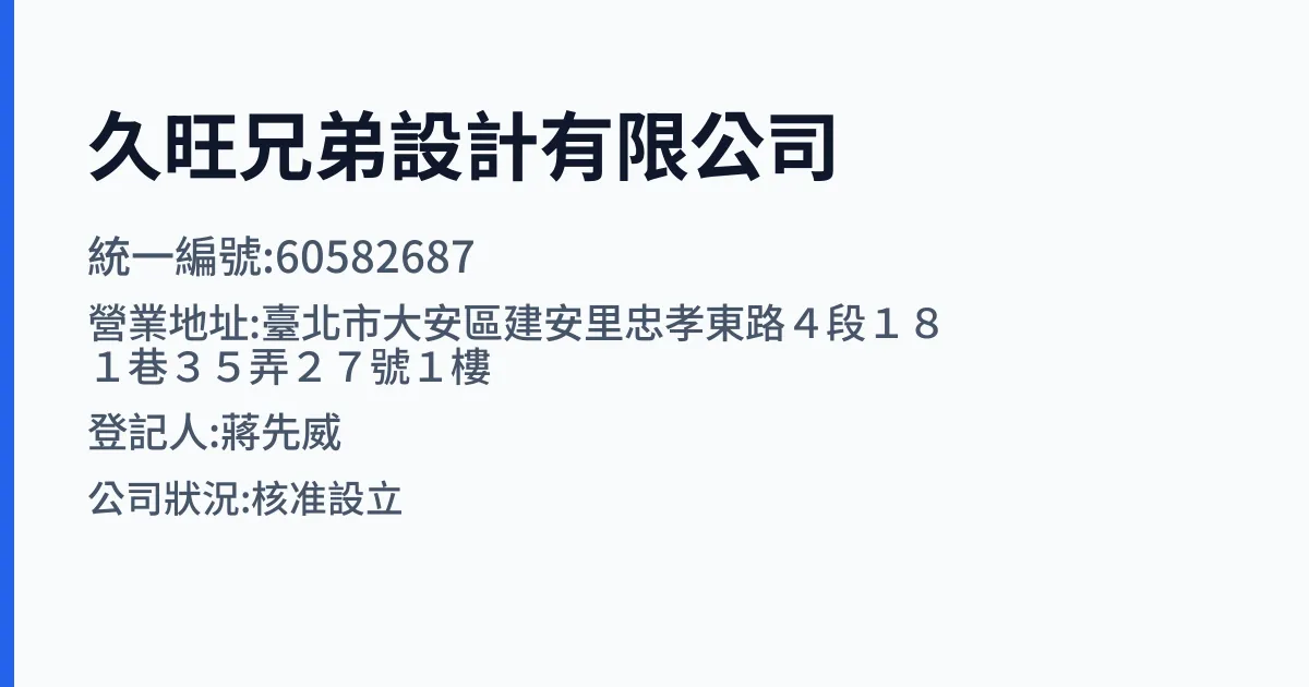 久旺兄弟設計有限公司 - 統編 60582687(臺北市) 公司登記資料與營業項目詳細圖表