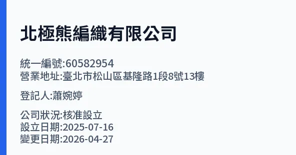 北極熊編織有限公司的照片-統編 60582954(臺北市) 公司登記資料與營業項目詳細圖表