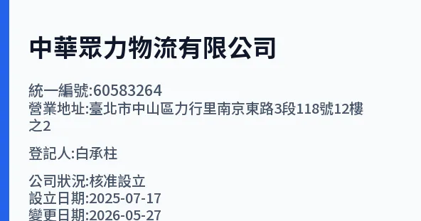 中華眾力物流有限公司的照片-統編 60583264(臺北市) 公司登記資料與營業項目詳細圖表