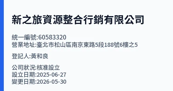 新之旅資源整合行銷有限公司的照片-統編 60583320(臺北市) 公司登記資料與營業項目詳細圖表