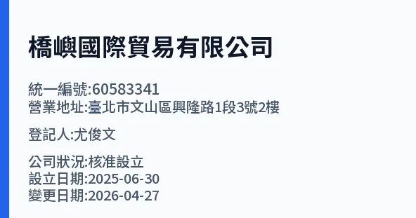 橋嶼國際貿易有限公司的照片-統編 60583341(臺北市) 公司登記資料與營業項目詳細圖表
