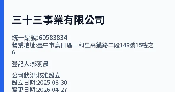 三十三事業有限公司的照片-統編 60583834(臺中市) 公司登記資料與營業項目詳細圖表