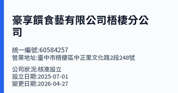 豪享饌食藝有限公司梧棲分公司的照片-統編 60584257(臺中市) 公司登記資料與營業項目詳細圖表