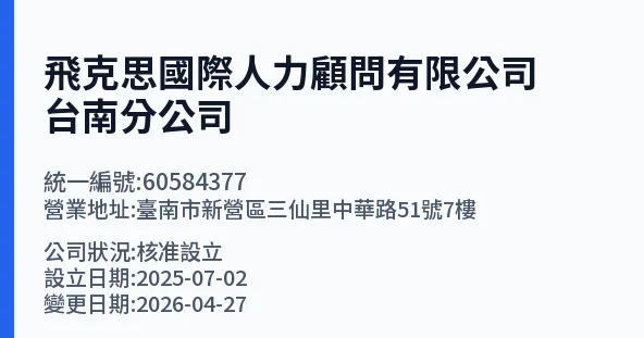 飛克思國際人力顧問有限公司台南分公司的照片-統編 60584377(臺南市) 公司登記資料與營業項目詳細圖表