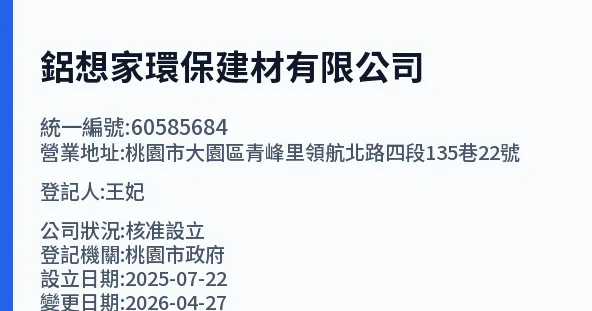 鋁想家環保建材有限公司的照片-統編 60585684(桃園市) 公司登記資料與營業項目詳細圖表