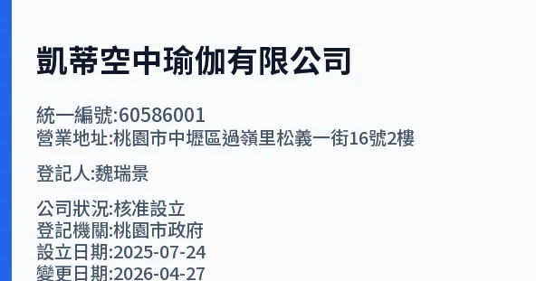 凱蒂空中瑜伽有限公司的照片-統編 60586001(桃園市) 公司登記資料與營業項目詳細圖表